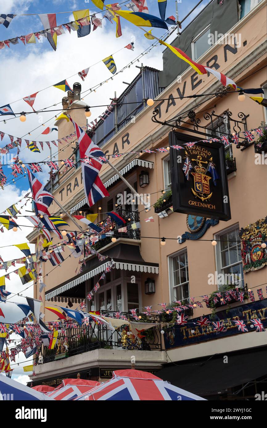 LONDON, UK - APRIL 02, 2024: Exterior and sign of the Trafalgar Tavern ...