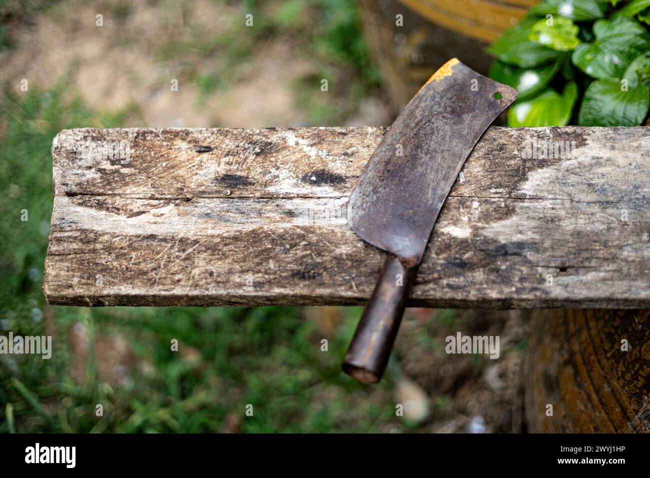 Big kitchen knife rests on a wooden board. Thai people's way of life ...