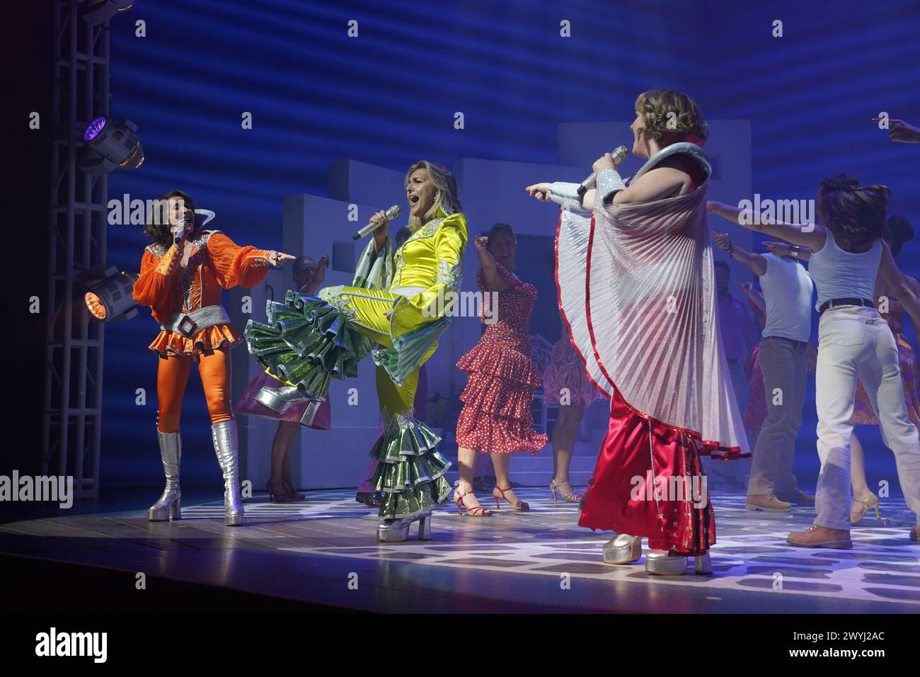 Cast members perform on stage during the finale of the musical Mamma ...
