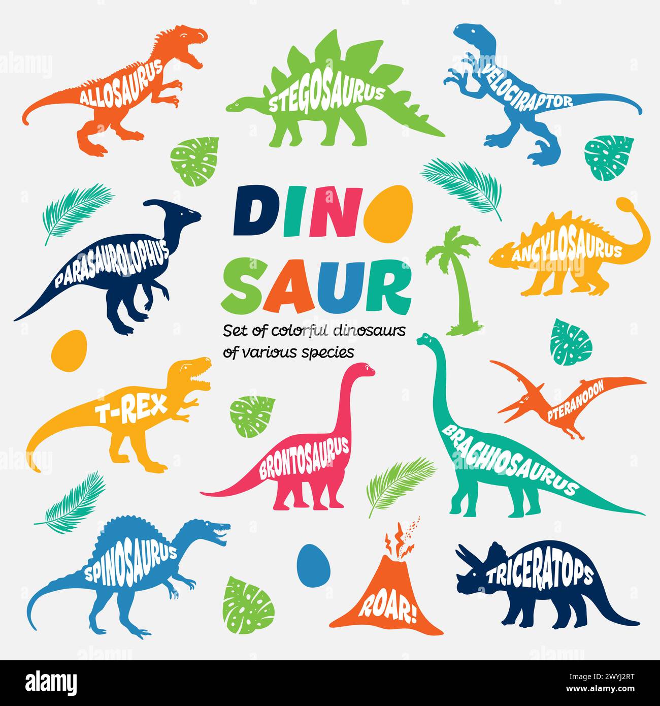 Dinosaur color set. Vector dinosaurs on white background. Tyranosaurus ...