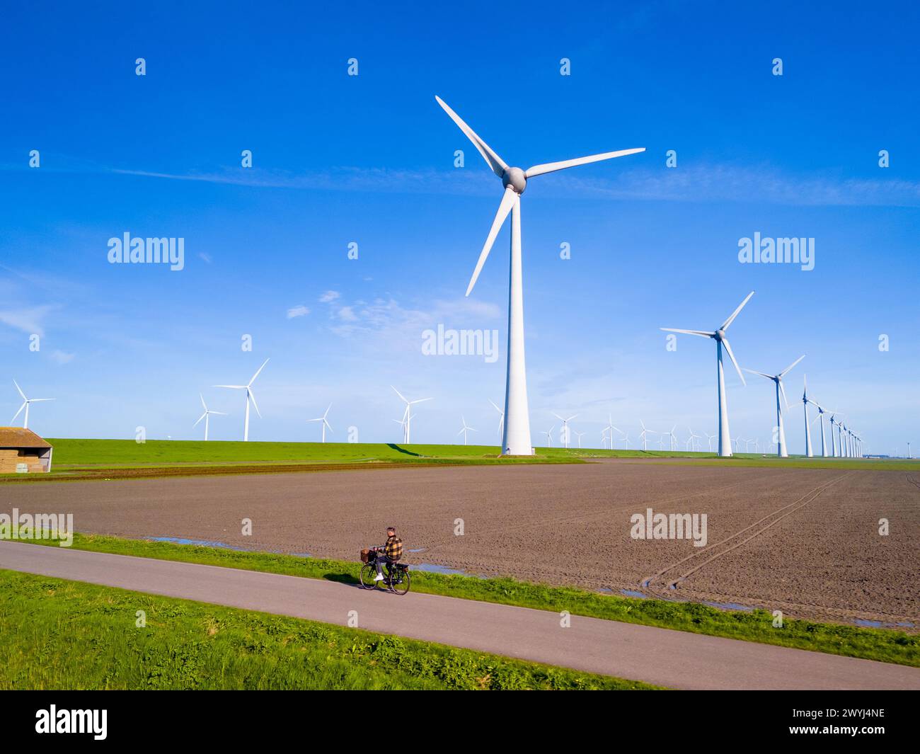 A picturesque scene of a wind farm in Flevoland, Netherlands, with ...