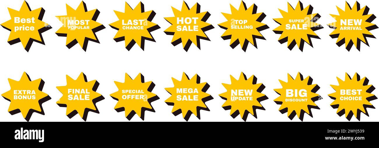 Collection of starburst badge label for sale promotion. Yellow and ...
