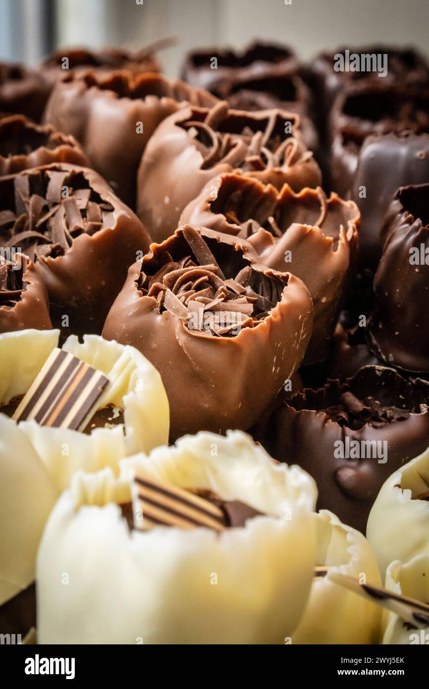 tulip-shaped chocolate flowers in a typical chocolate shop, Amsterdam ...