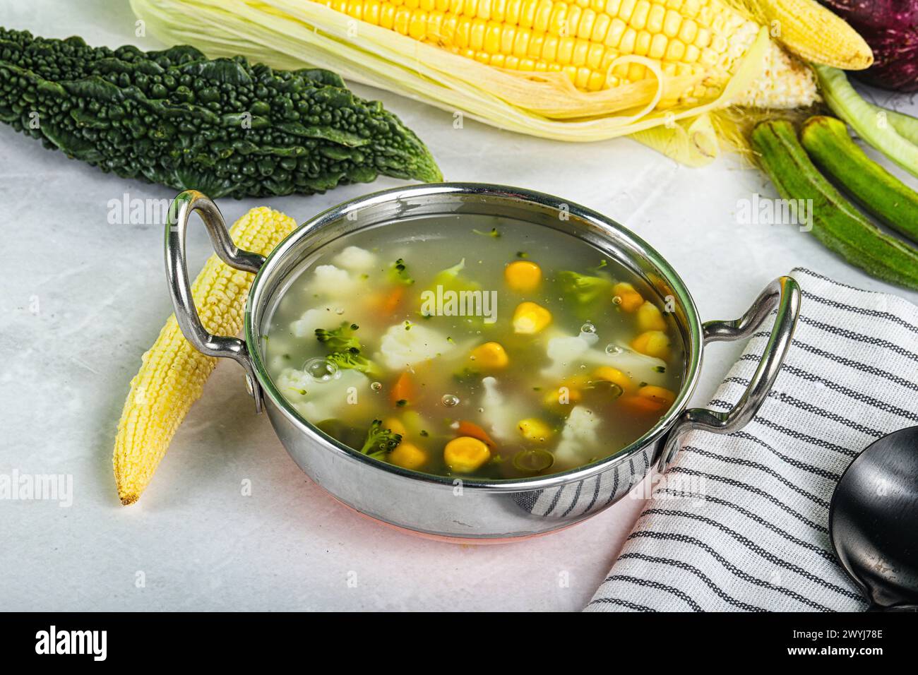 Vegan Soup with corn and broccoli Stock Photo - Alamy