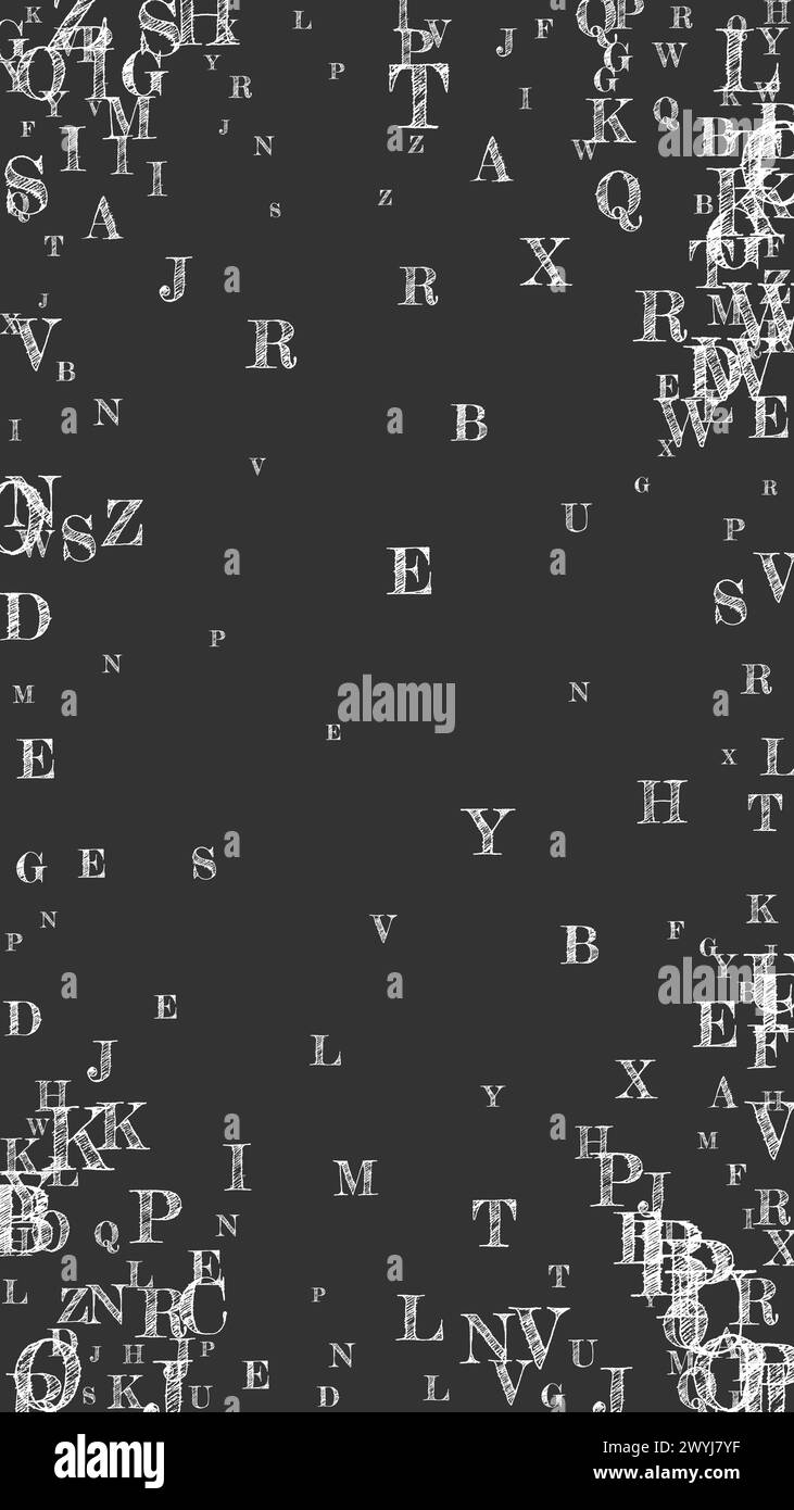 School notebook cover. White chalk floating letters of Latin alphabet ...