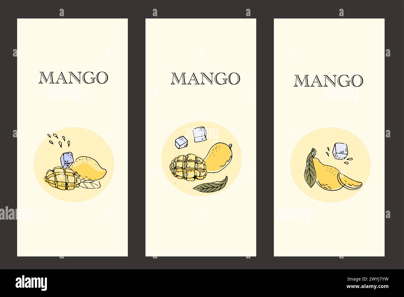Hand drawn Mango fruit with ice labels or posters. Vector illustration ...