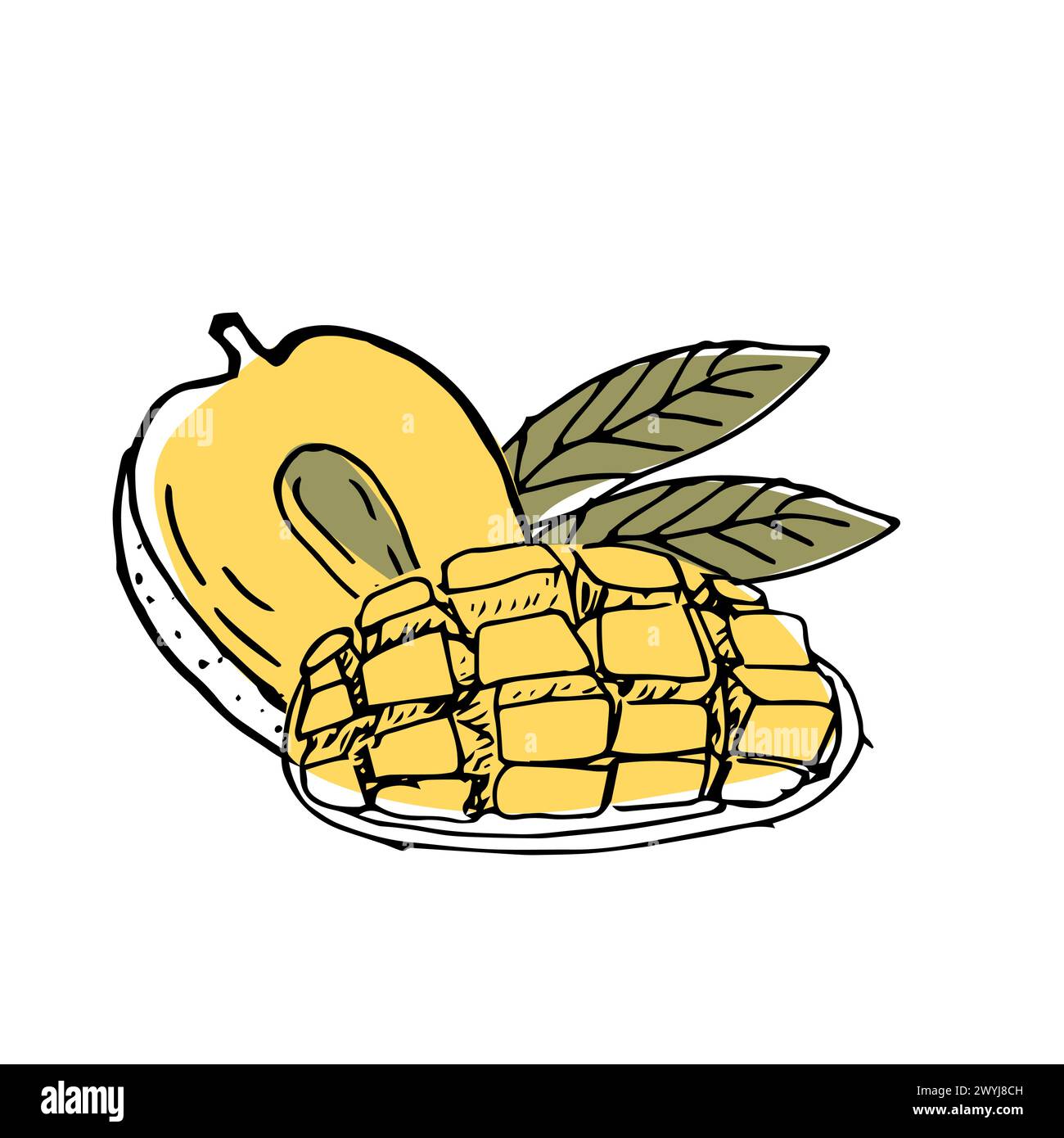 Mango sliced and half fruit ink sketch illustration. Vector ...