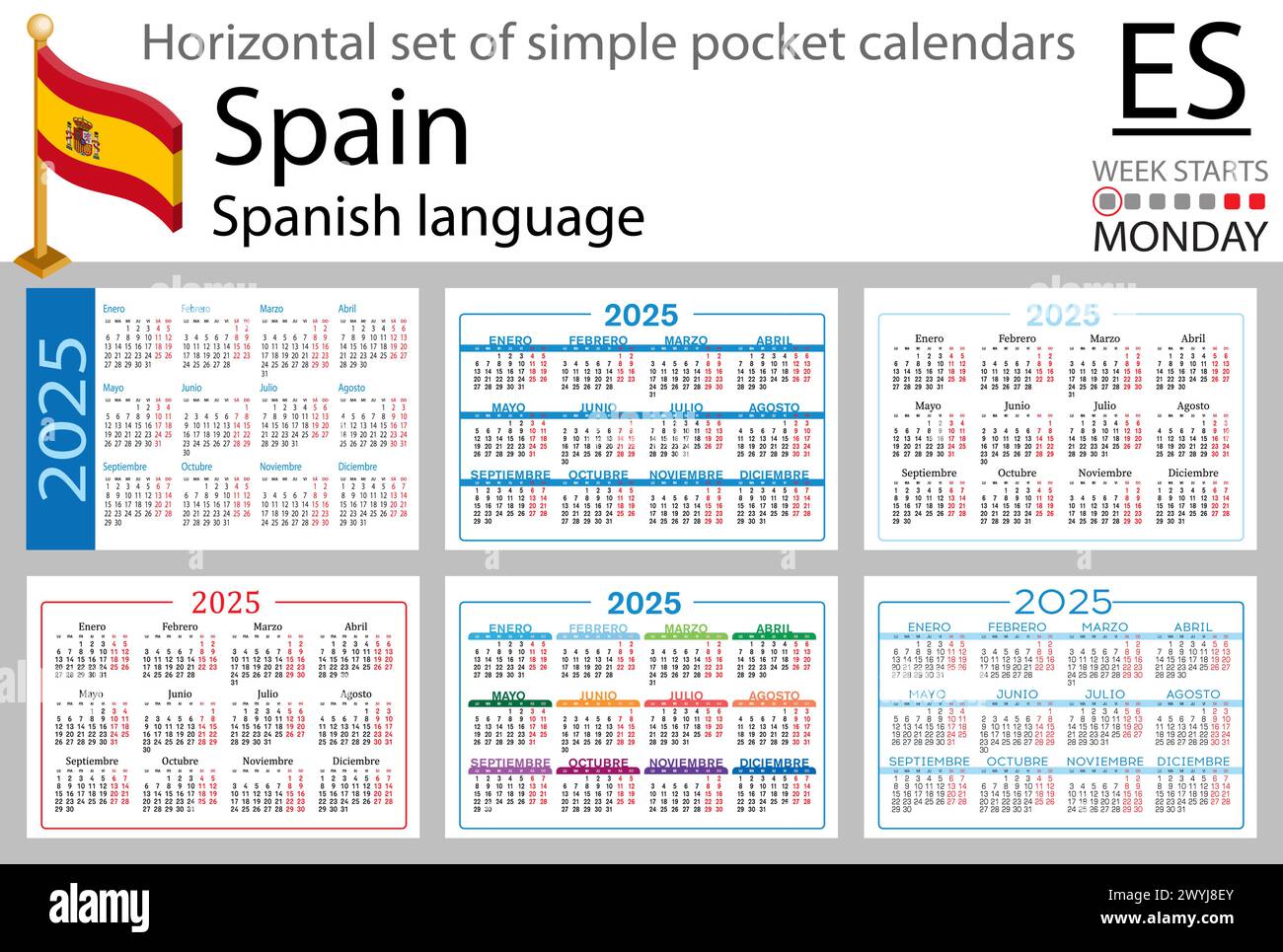 Spanish horizontal set of pocket calendar for 2025 (two thousand twenty ...