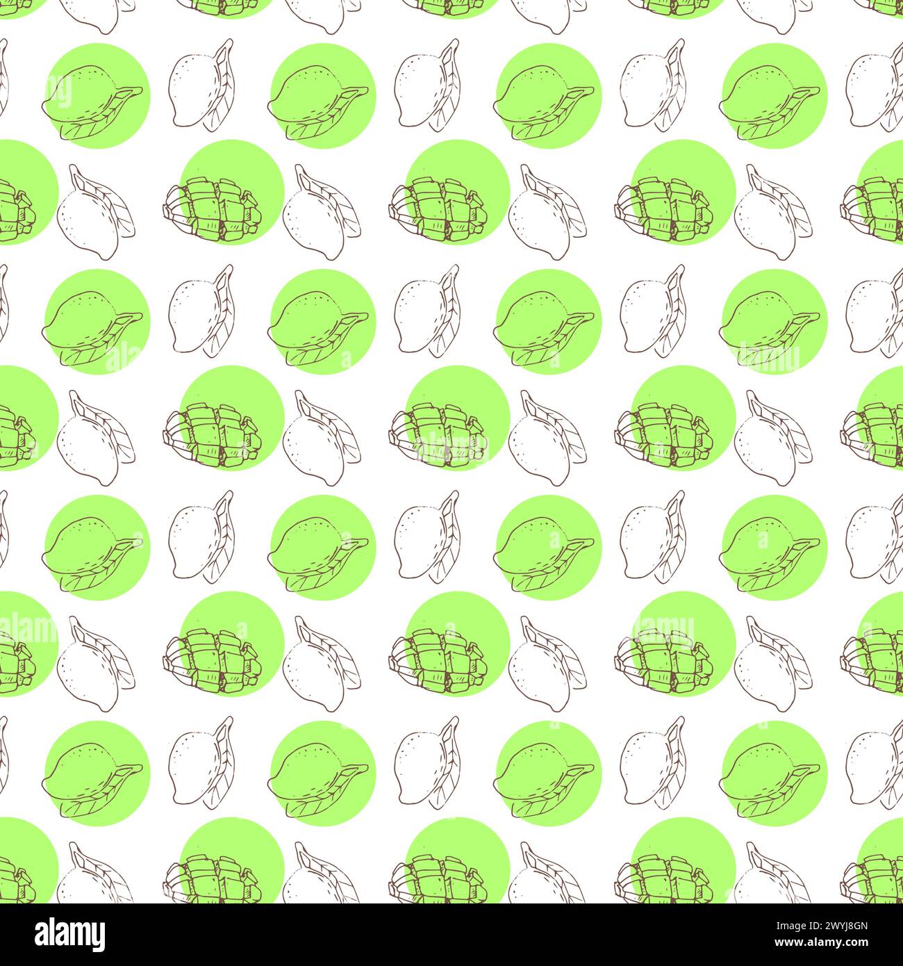 Seamless pattern with mango and green round shape. Vector illustration ...