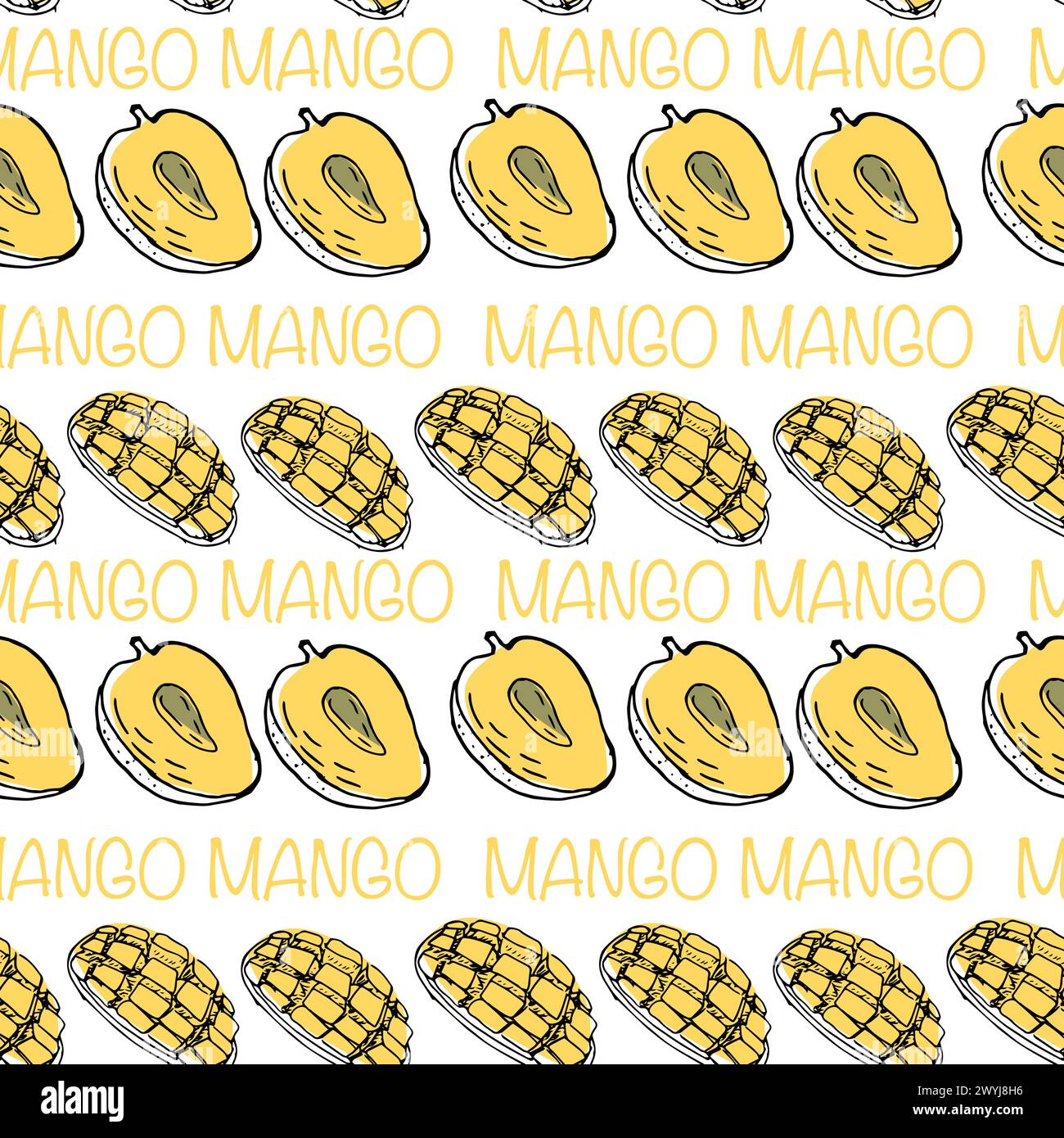Seamless pattern with mango, sketch art with lettering. Vector ...