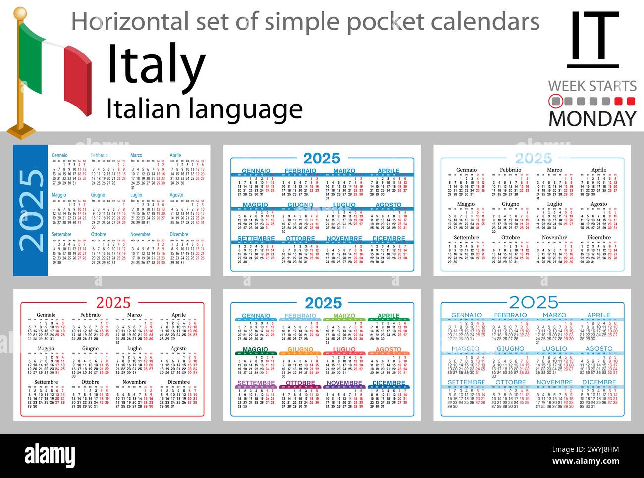Italian horizontal set of pocket calendar for 2025 (two thousand twenty ...