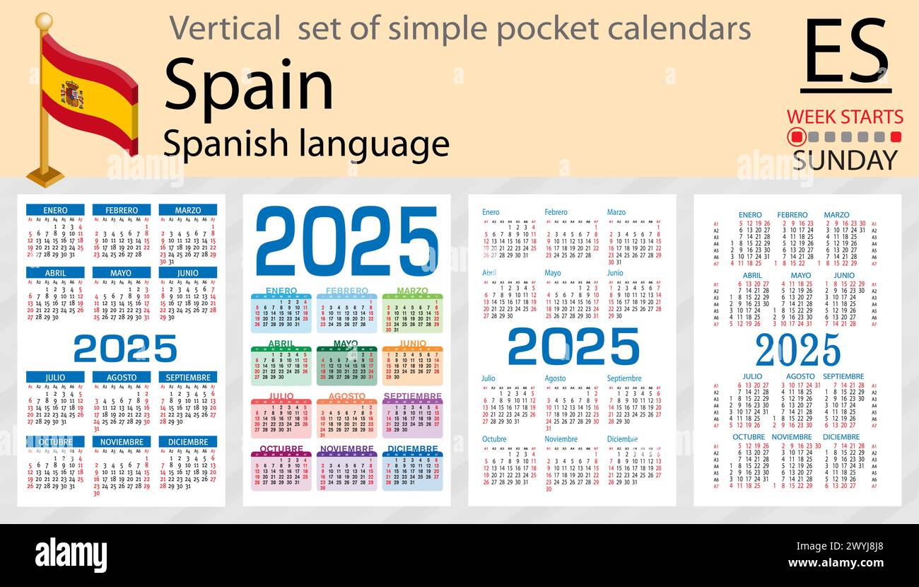 Spanish vertical set of pocket calendar for 2025 (two thousand twenty ...