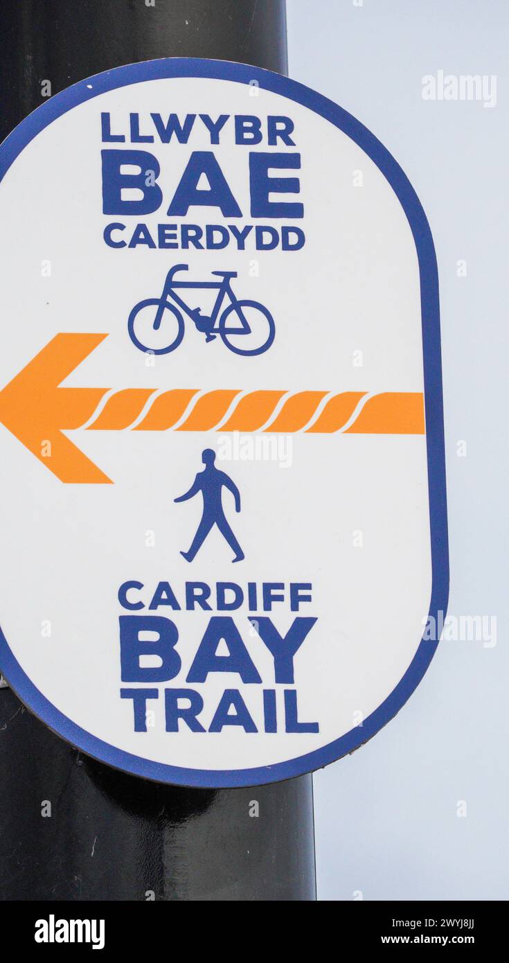 Cardiff Bay, Cardiff, Wales Sept 25 2023 Bi-lingual signpost showing ...