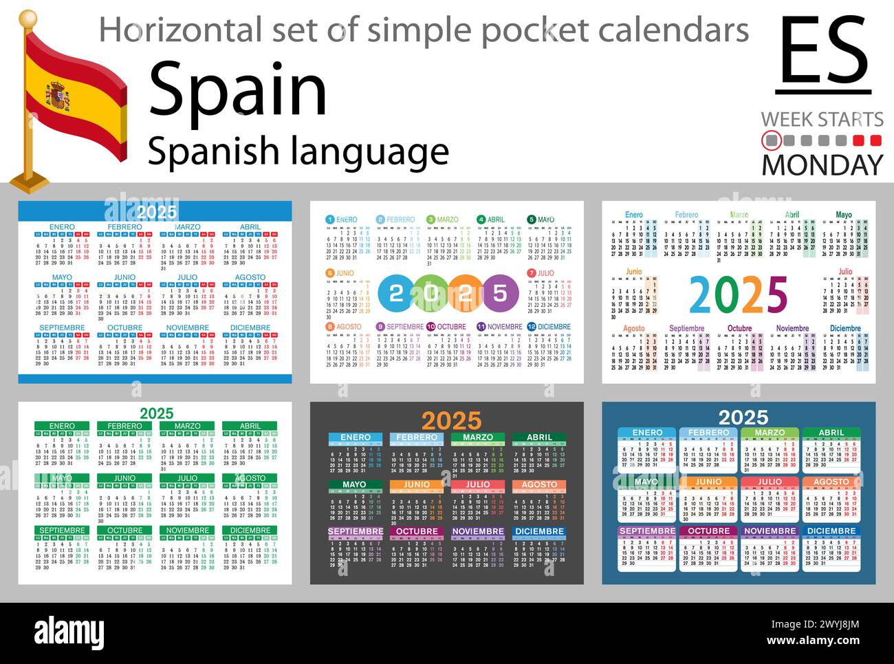 Spanish horizontal set of pocket calendar for 2025 (two thousand twenty ...