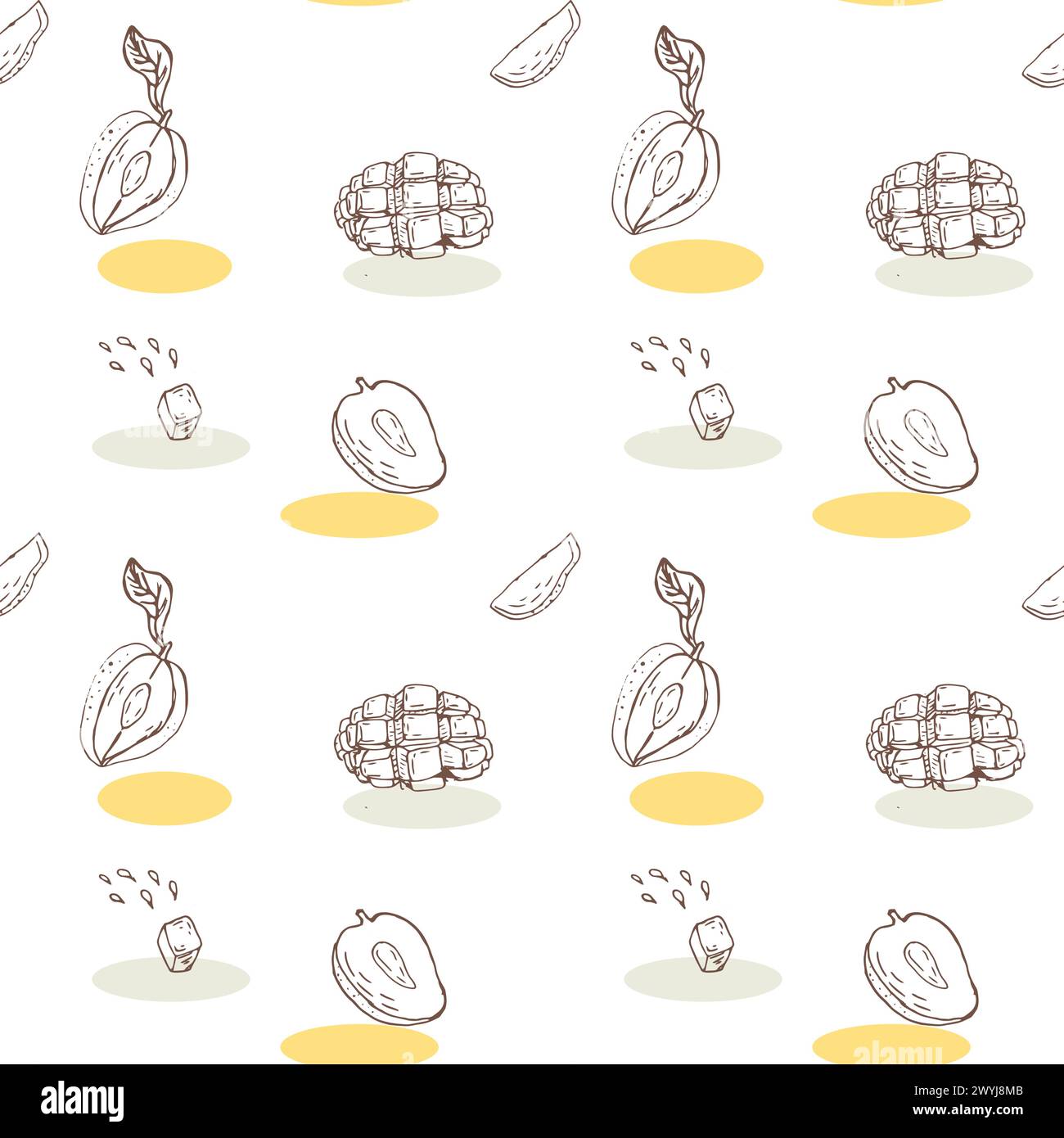 Seamless pattern with mango, tropical fruit sketch background. Vector ...