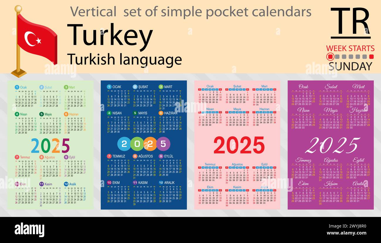 Turkish vertical set of pocket calendar for 2025 (two thousand twenty ...