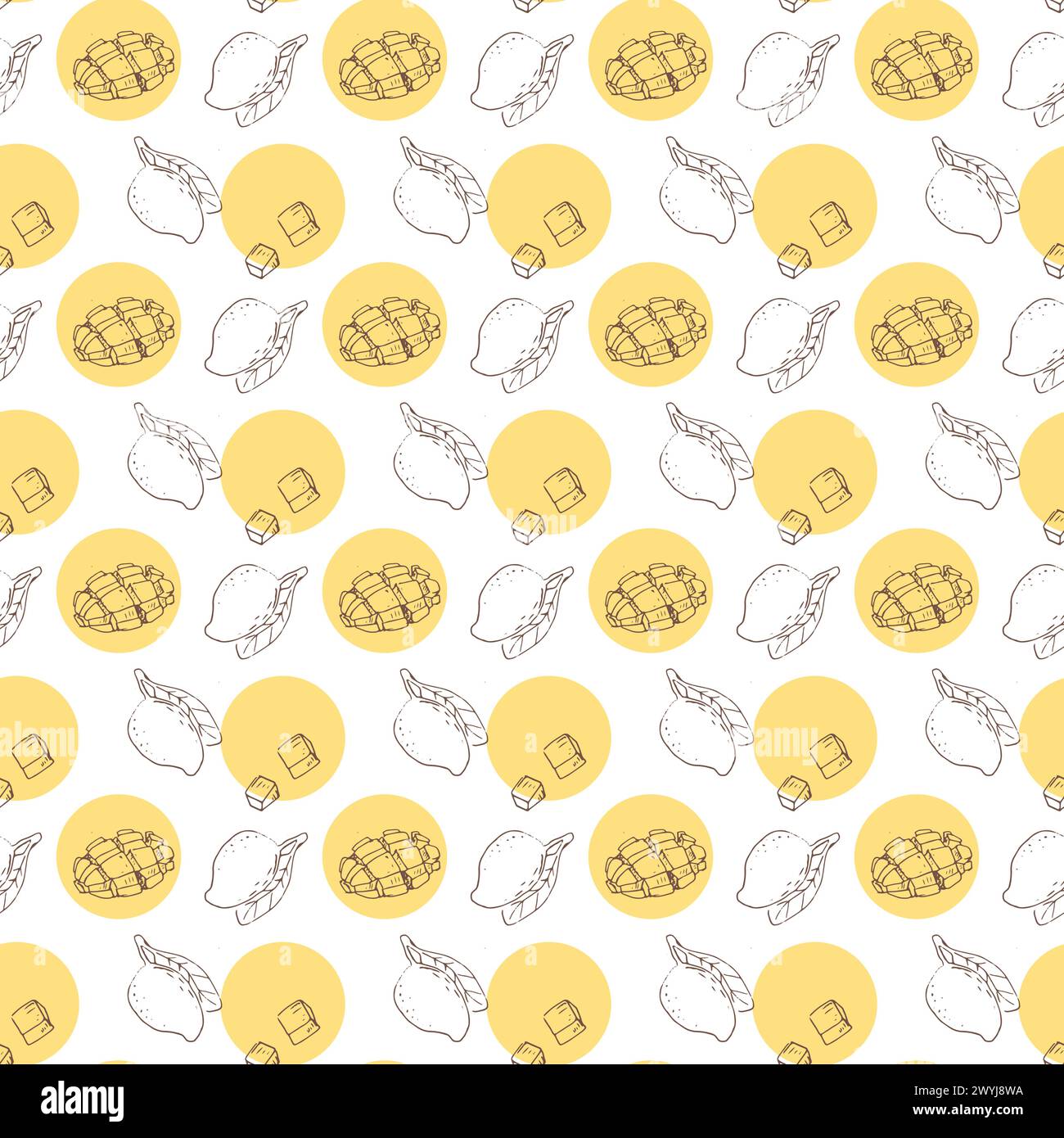 Seamless pattern with mango, tropical fruit background with round ...