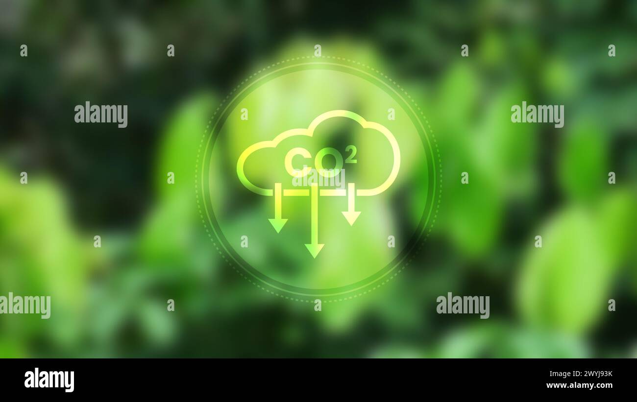 CO2 icon with a blurred background of green plants. Concept to limit ...