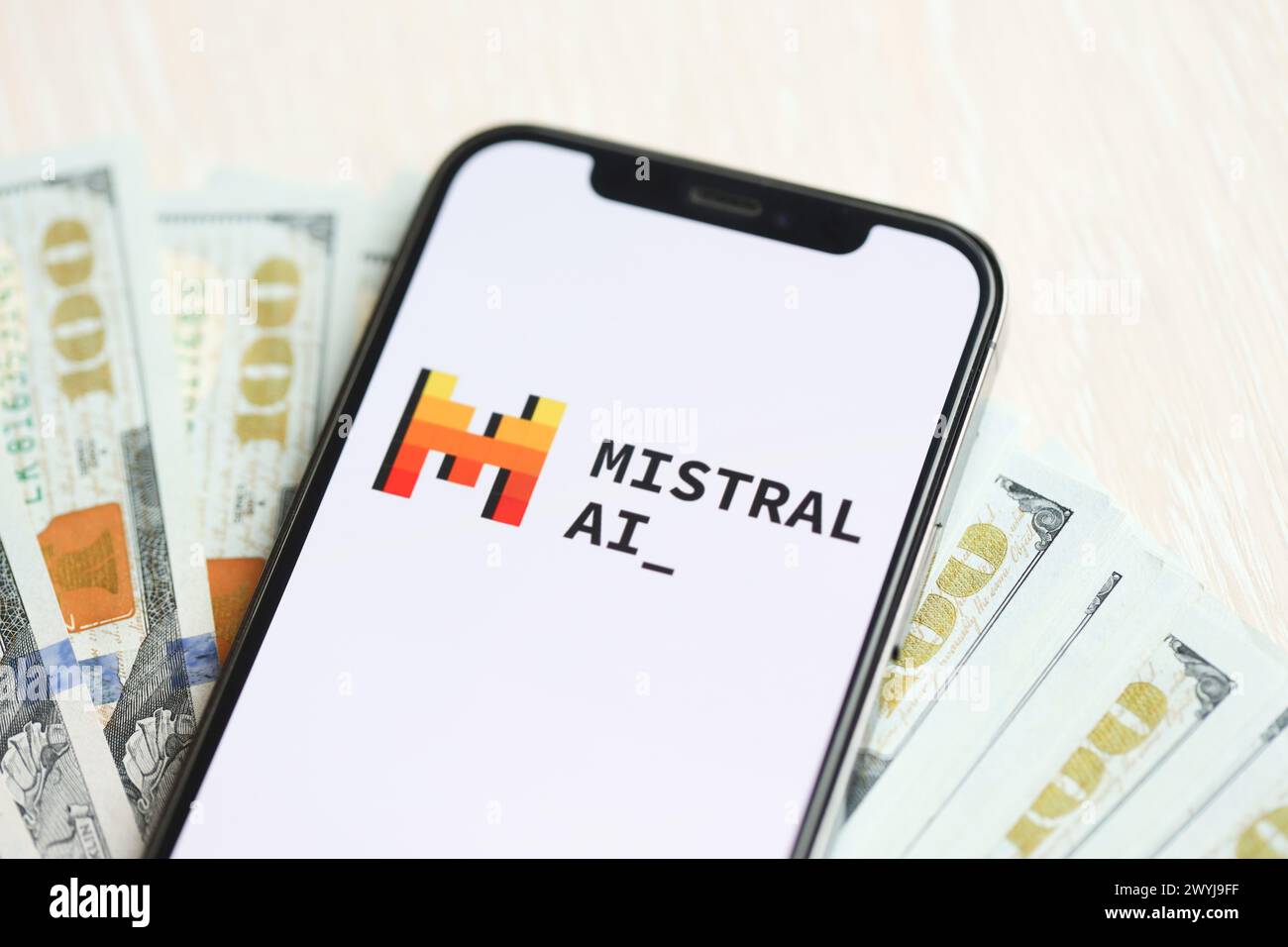KYIV, UKRAINE - MARCH 17, 2024 Mistral AI logo on iPhone display screen ...