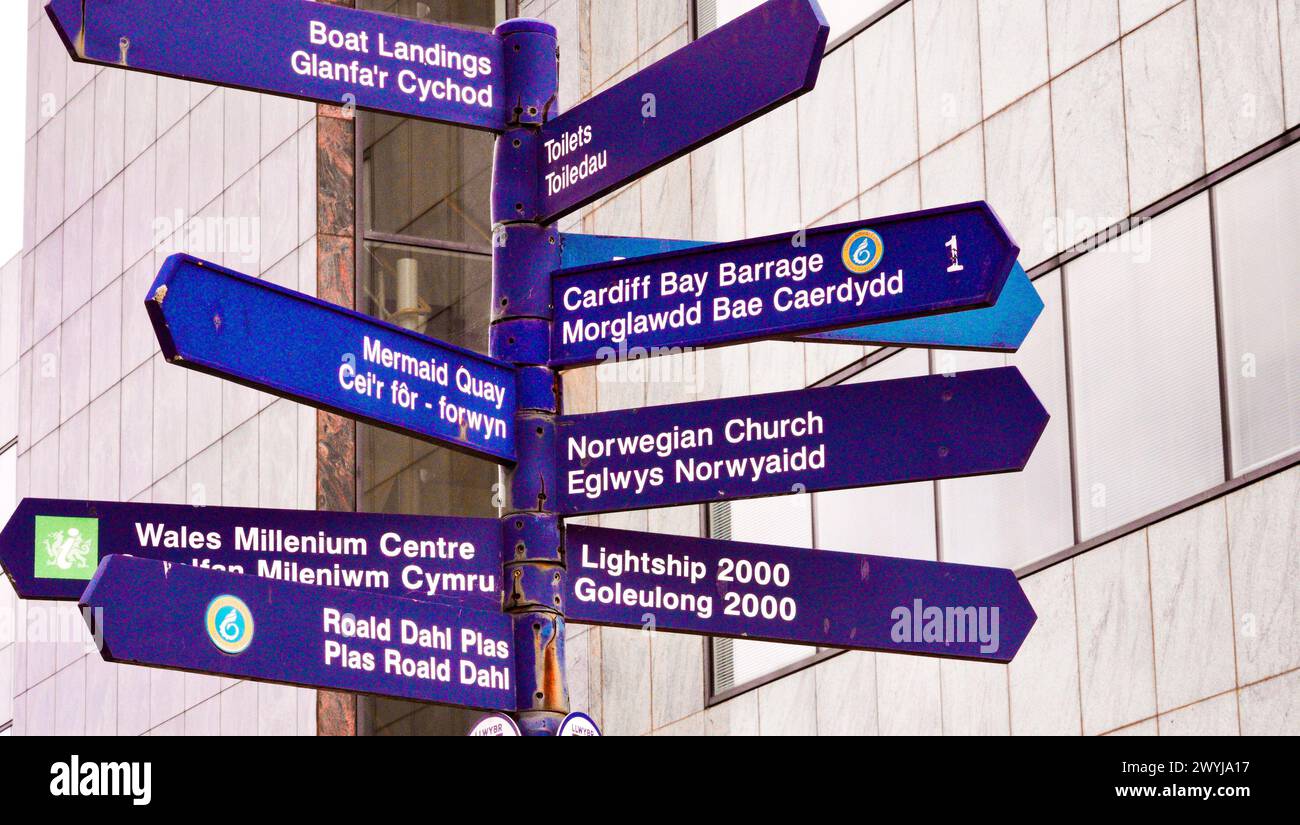 Cardiff Bay, Cardiff, Wales Sept 25 2023: Street signpost giving ...