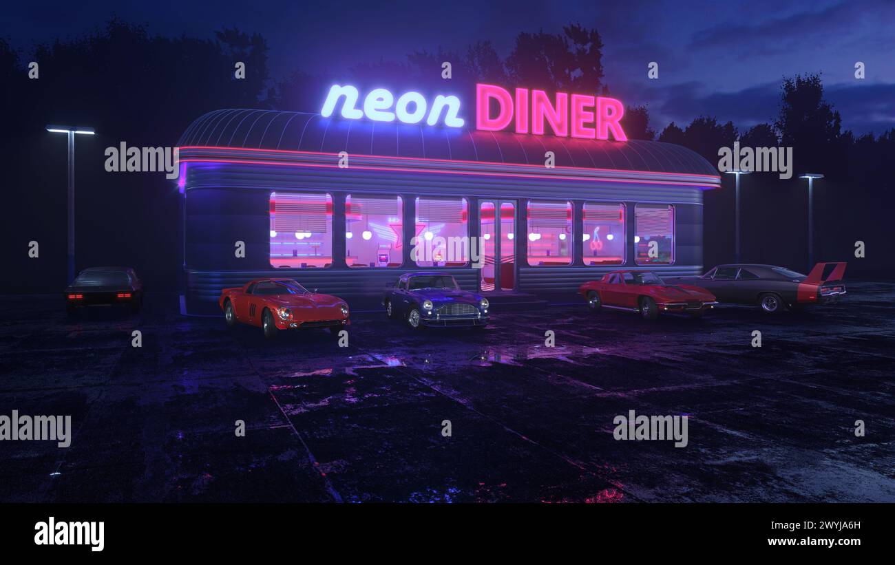 Neon diner and retro car late at night. Fog, rain and colour ...