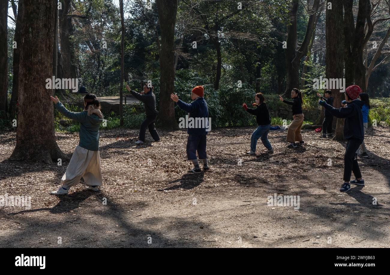 People practicing the traditional art of Tai Chi in a park in Kyoto ...