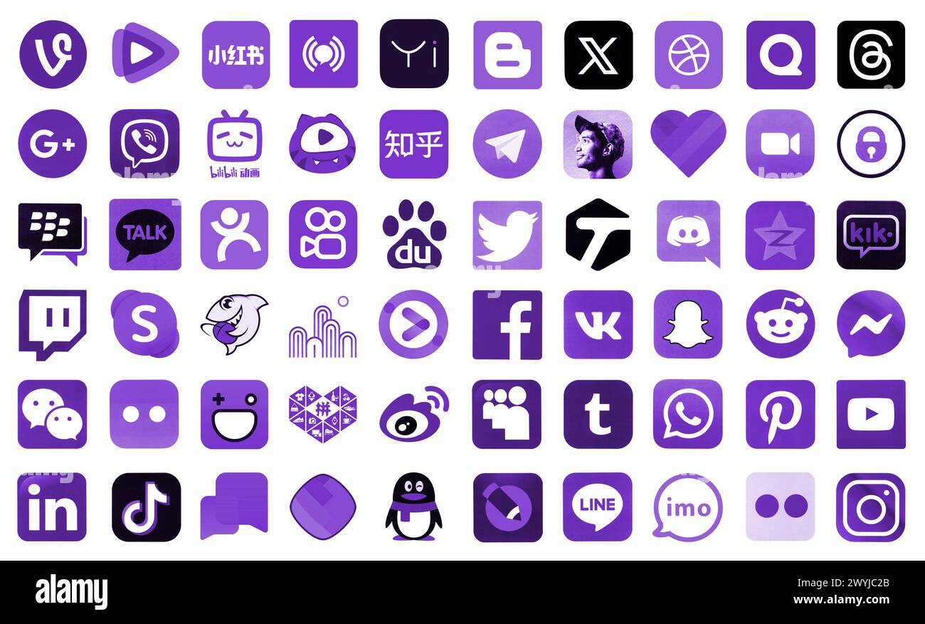 KYIV, UKRAINE - APRIL 1, 2024 Many icons of social media, messengers ...