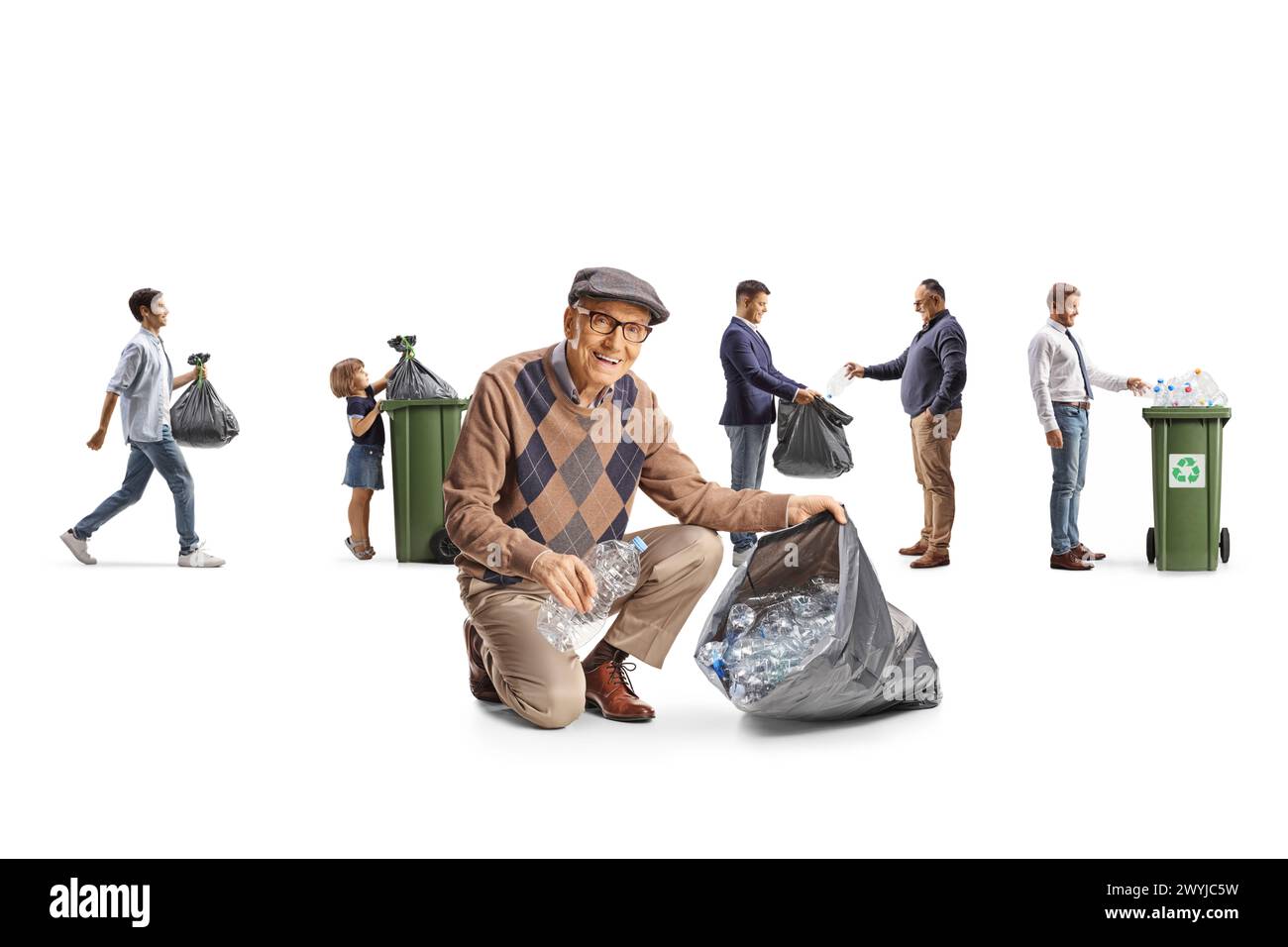 Elderly man collecting plastic bottles and people recycling materials ...