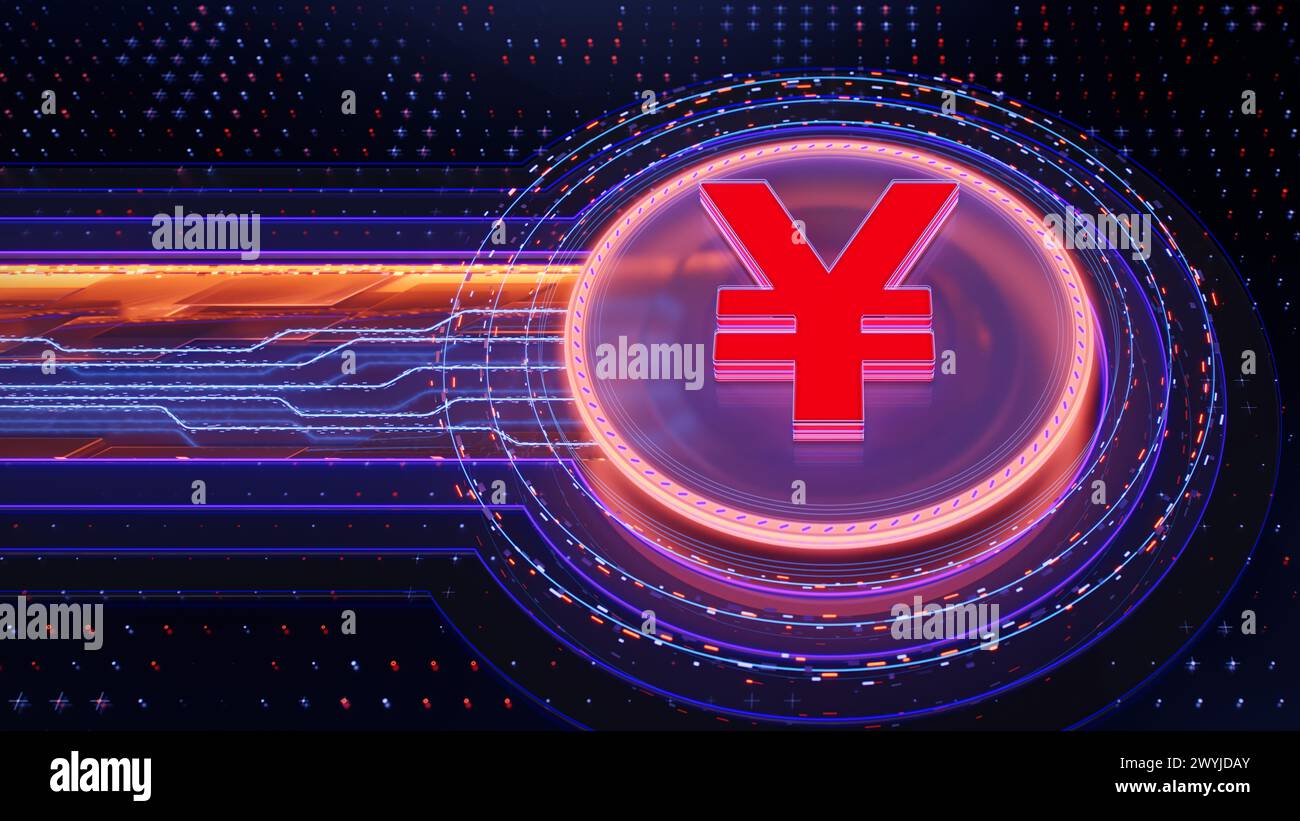 Yen or yuan symbol on abstract dark technological background. Currency coin and circuit ...