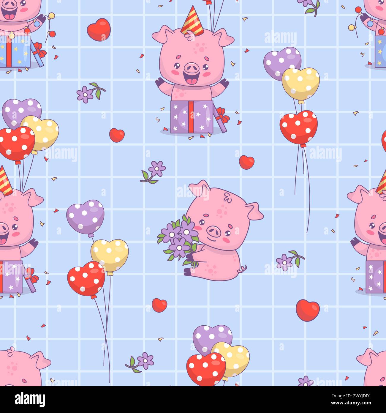 Seamless pattern with festive pigs. Smiling birthday piggy in gift box ...