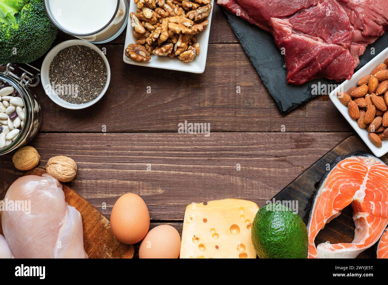 Protein food. Frame made of high protein food sources. Fish, meat ...