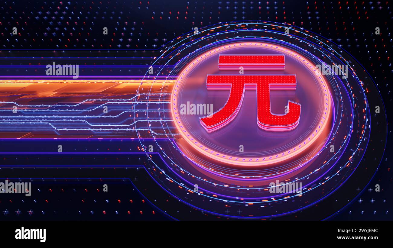 Renminbi symbol on abstract dark technological background. Currency ...