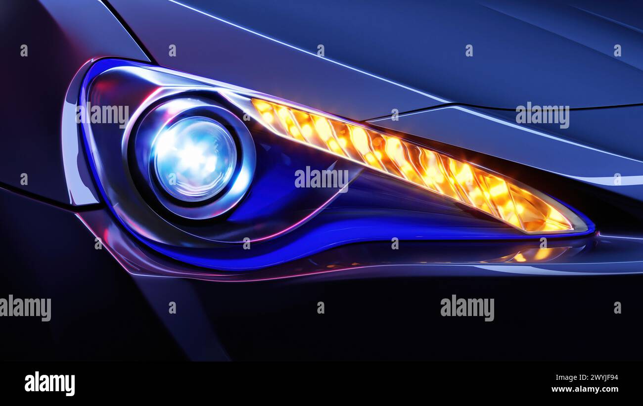 Car headlight with copy space macro view. Led or xenon lamp. Closeup of ...
