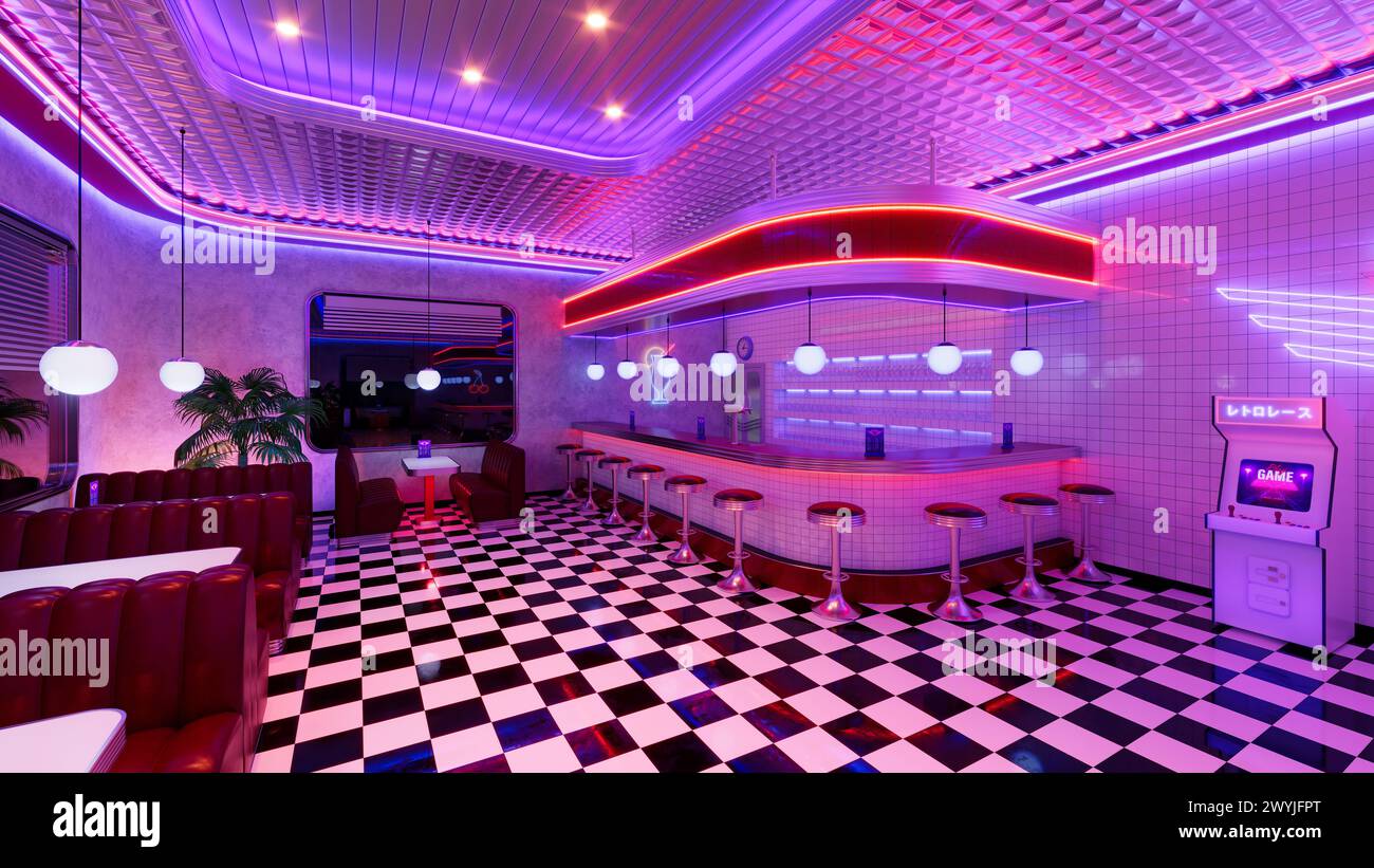 Retro diner interior with tile floor, neon illumination, vintage arcade ...