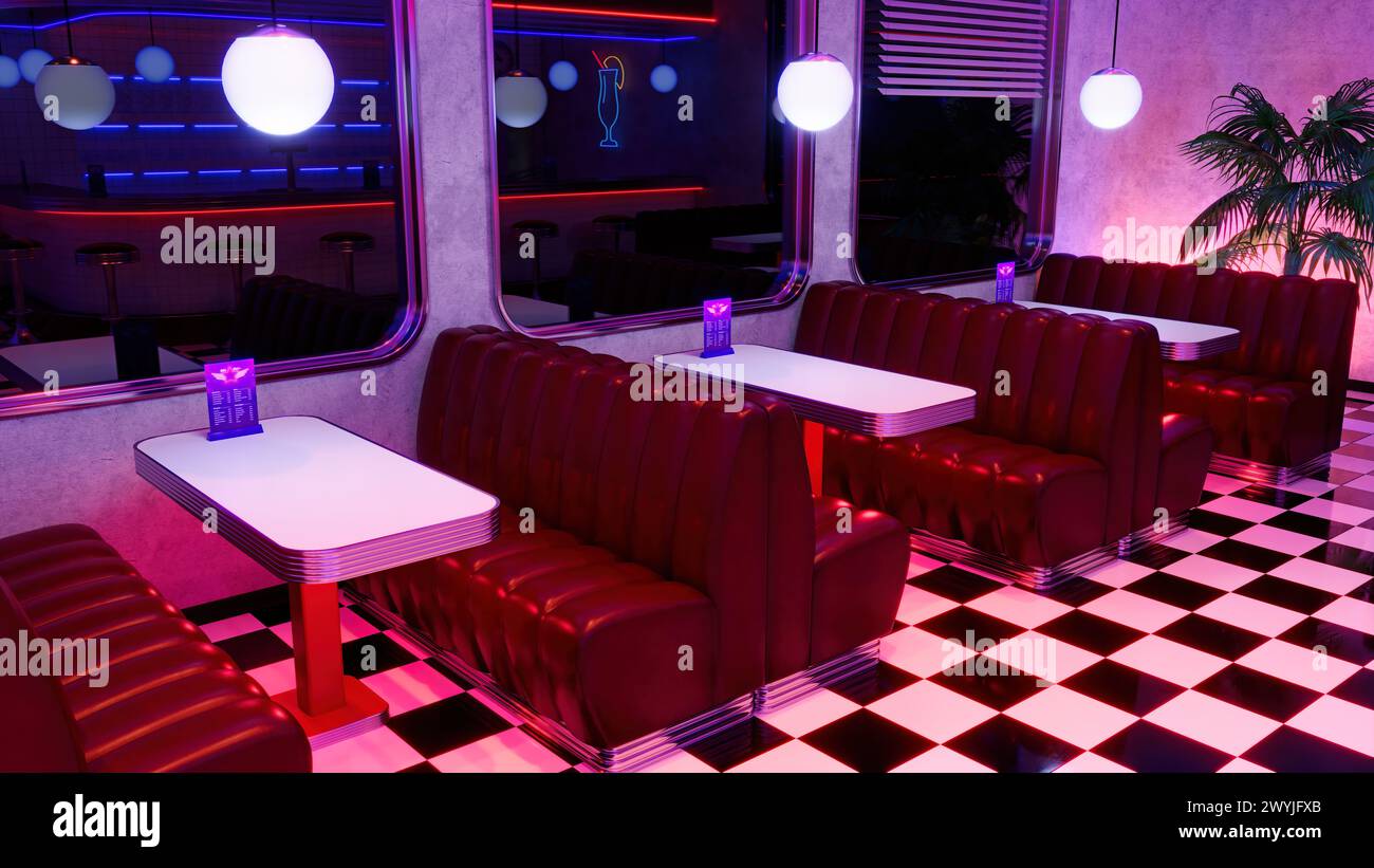 Retro diner interior with tile floor, neon illumination, vintage arcade ...