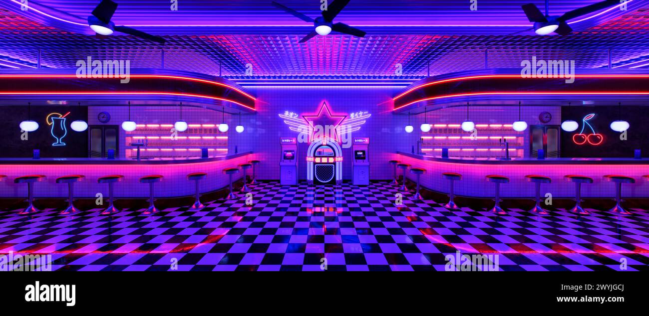 Retro diner interior with tile floor, jukebox, neon illumination ...
