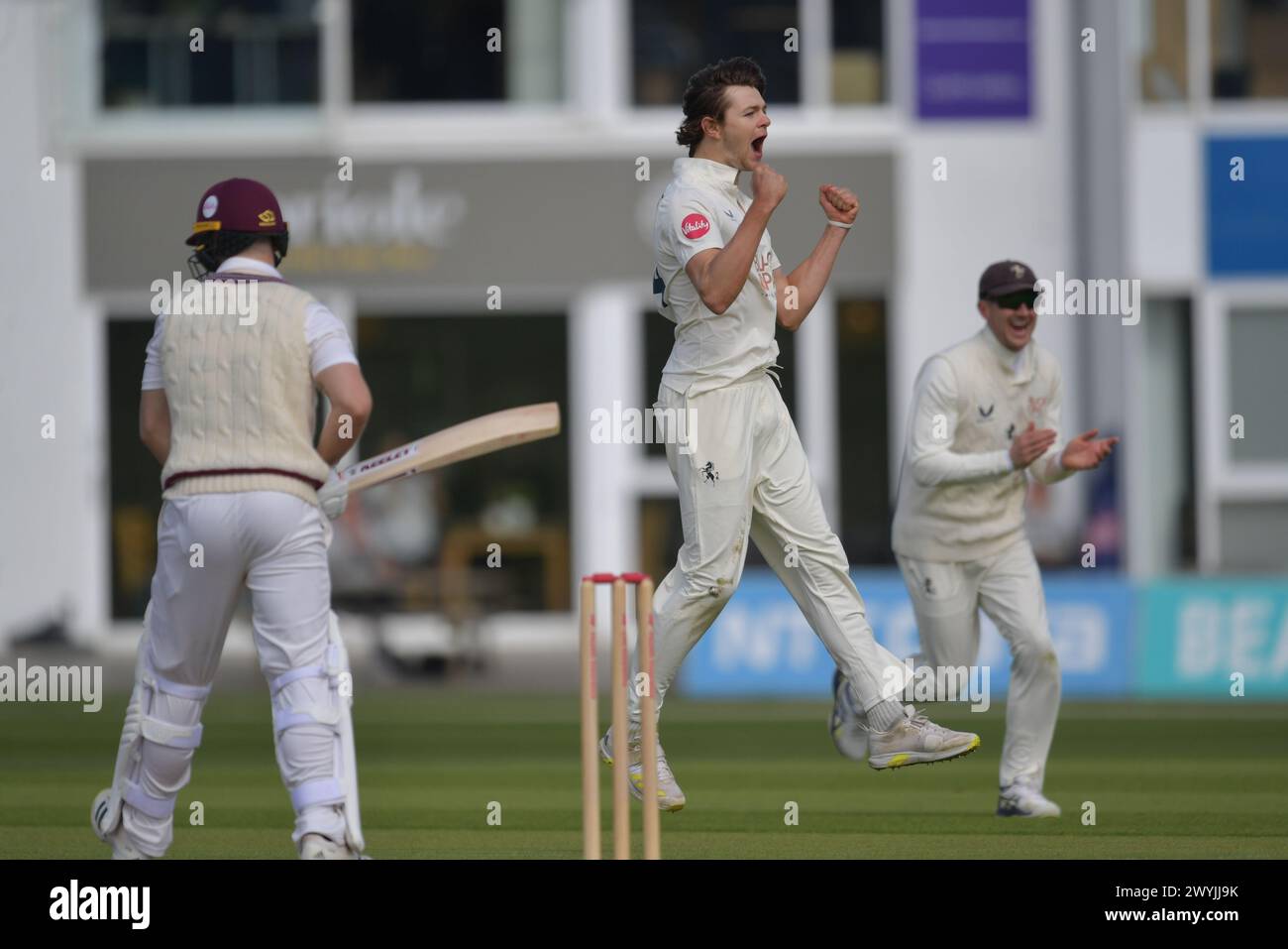 Canterbury, England. 7th Apr 2024. George Garrett celebrates taking the ...