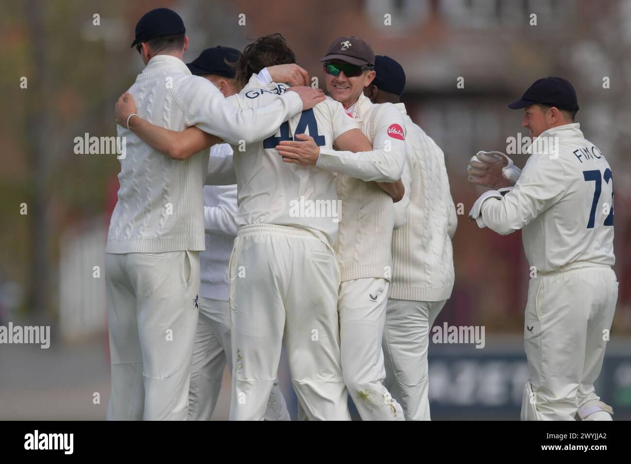 Canterbury, England. 7th Apr 2024. George Garrett celebrates taking the ...