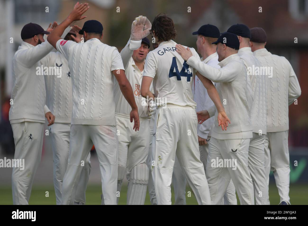 Canterbury, England. 7th Apr 2024. George Garrett celebrates taking the ...