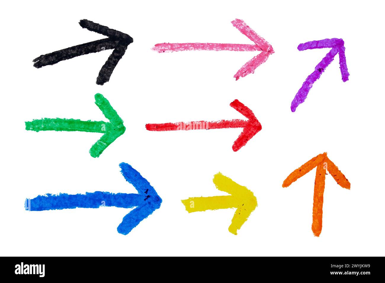 Set of arrow sign drawn with colorful crayons on white background Stock ...
