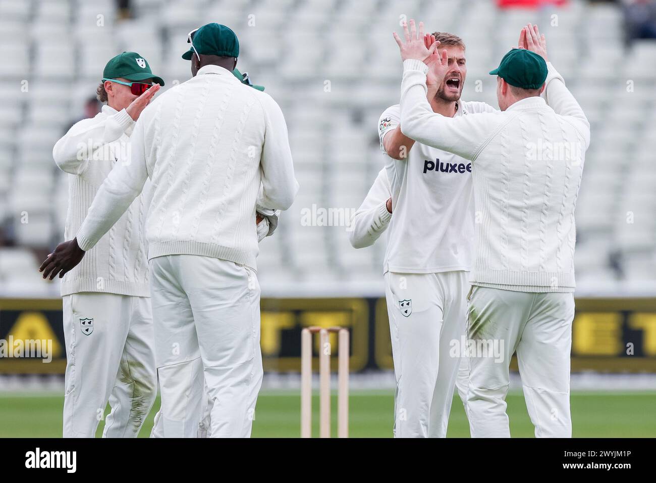 Birmingham, UK. 07th Apr, 2024. Worcestershire's Adam Finch is high ...
