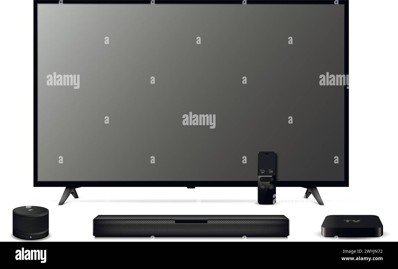 Realistic smart tv, sound bar, tv player box and smart speaker. Vector ...