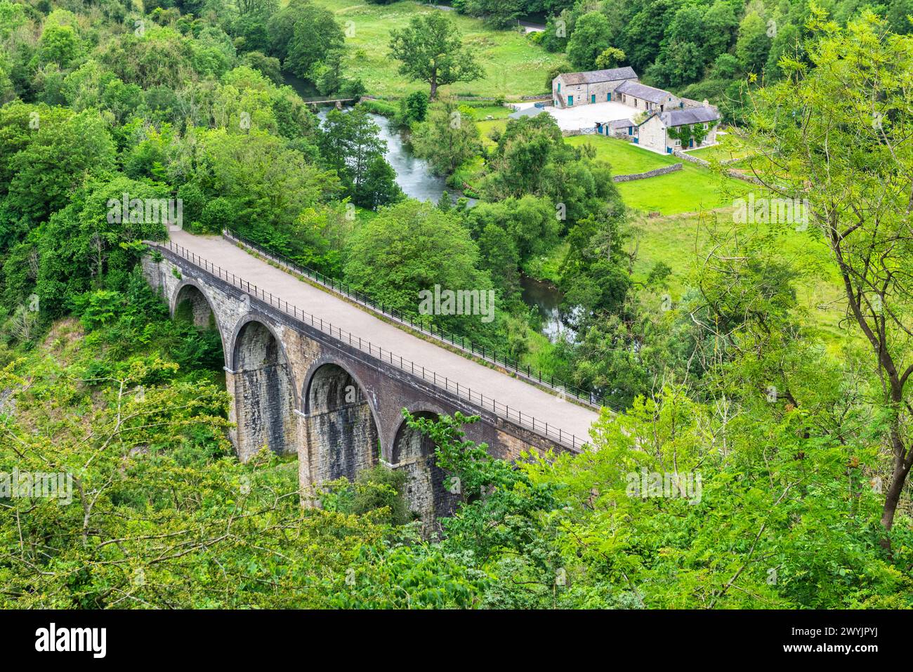 Monsal Head and Monsal Dale and the old railway viaduct over the river ...