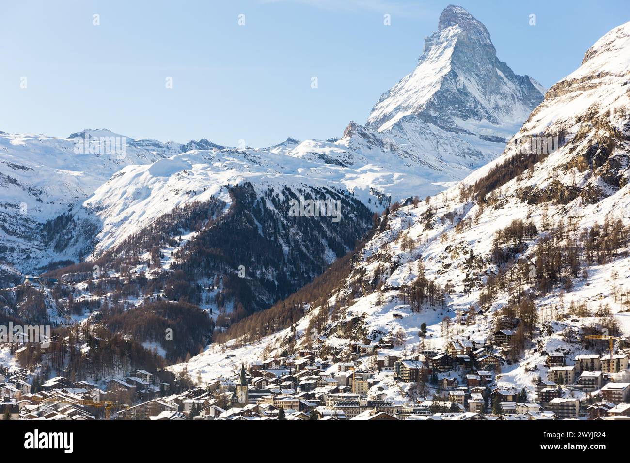 Winter mountain landscape. Snowy mountain Matterhorn during the day in ...