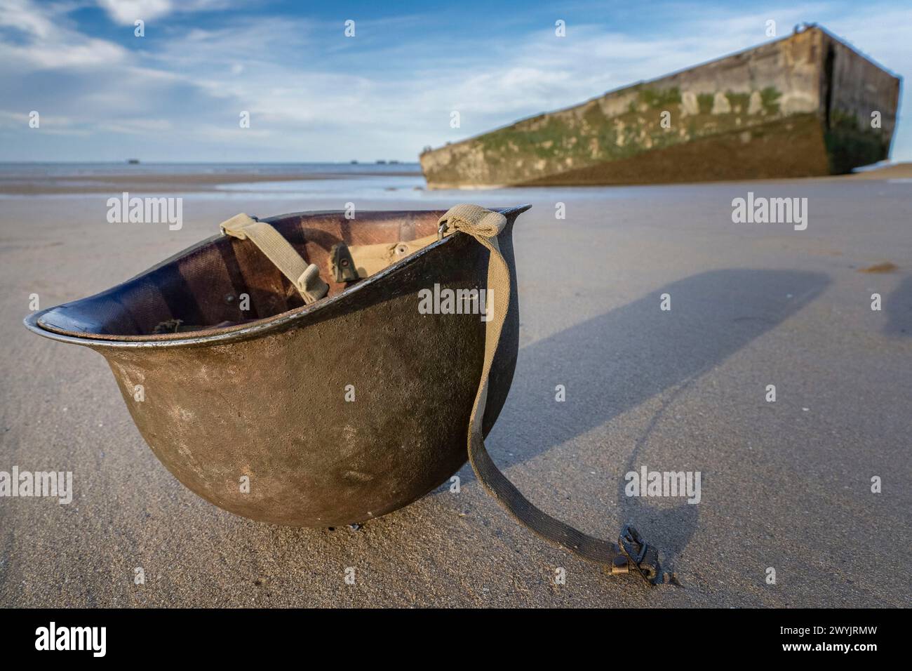 France, Calvados, Arromanches les Bains, American heavy helmet on the ...
