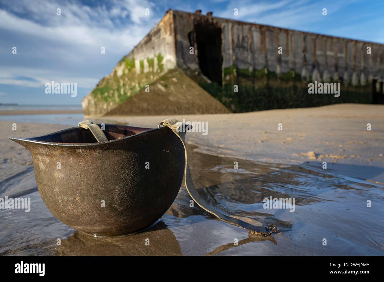France, Calvados, Arromanches les Bains, American heavy helmet on the ...