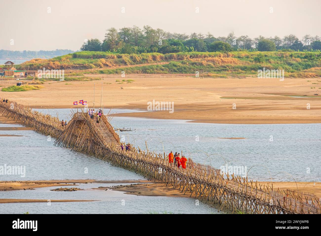 Cambodia, Kampong Cham, bamboo bridge almost one km long connecting the ...
