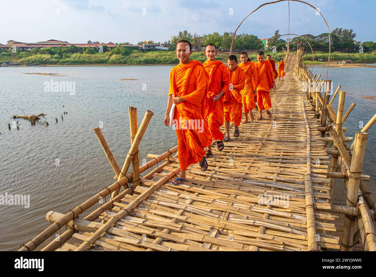 Cambodia, Kampong Cham, bamboo bridge almost one km long connecting the city center to the ...