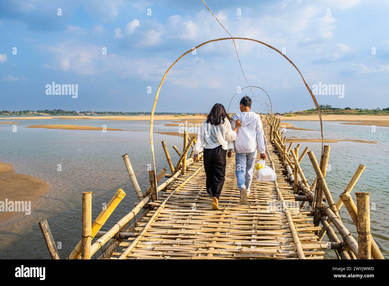 Cambodia, Kampong Cham, bamboo bridge almost one km long connecting the ...