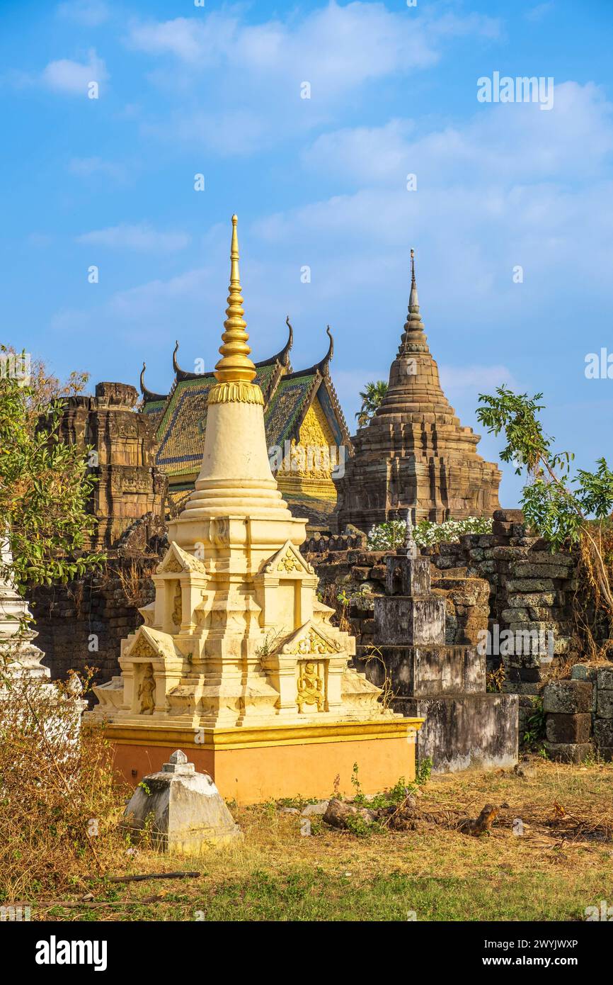Cambodia, Kampong Cham, stupas around the Angkorian Vat Nokor (or Nokor ...